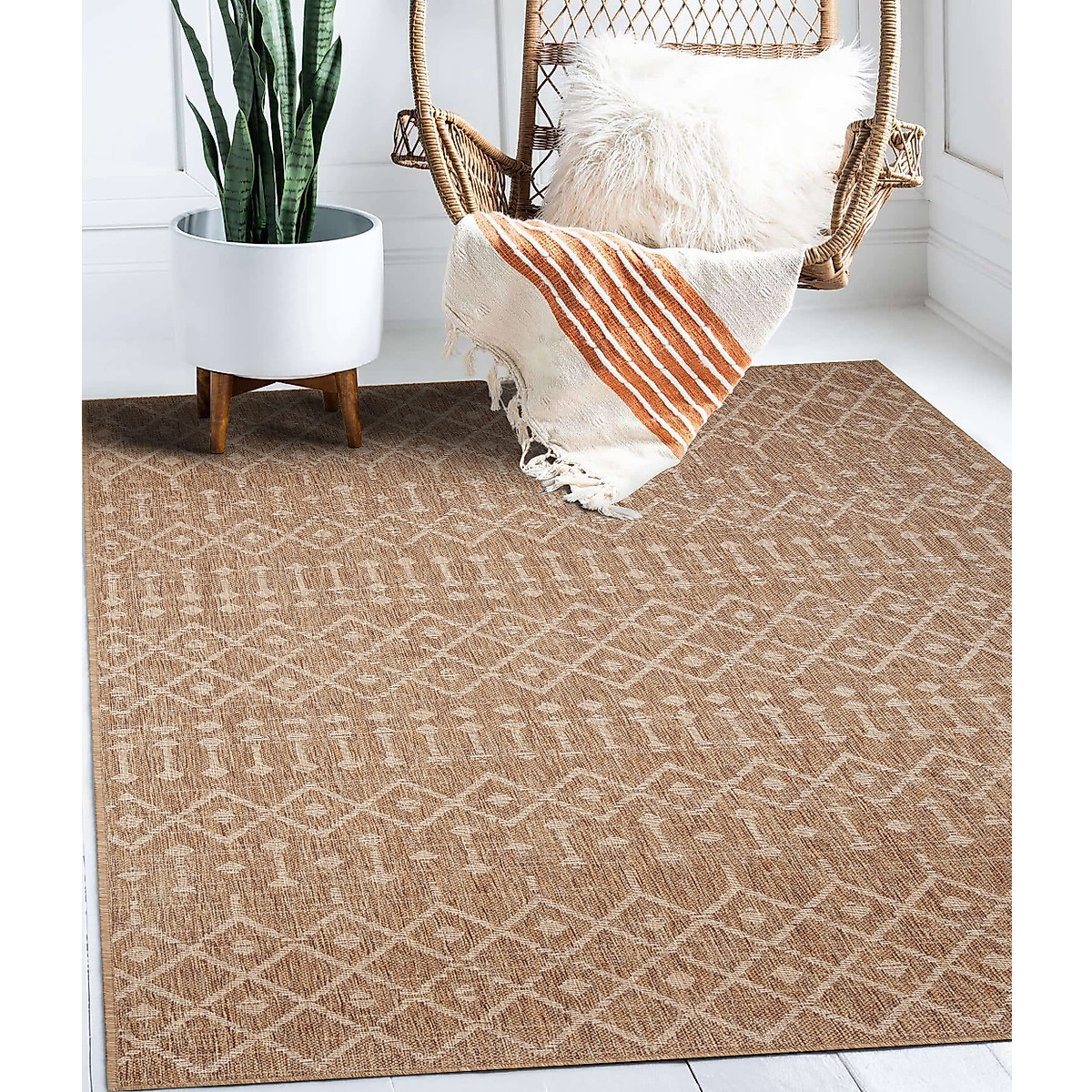 Sherloom Modern Geometric Indoor Outdoor Area Rug Weather Resistant Outdoor Carpet for Porch Deck Balcony Backyard Patio Rug 8x10 Beige, Brown