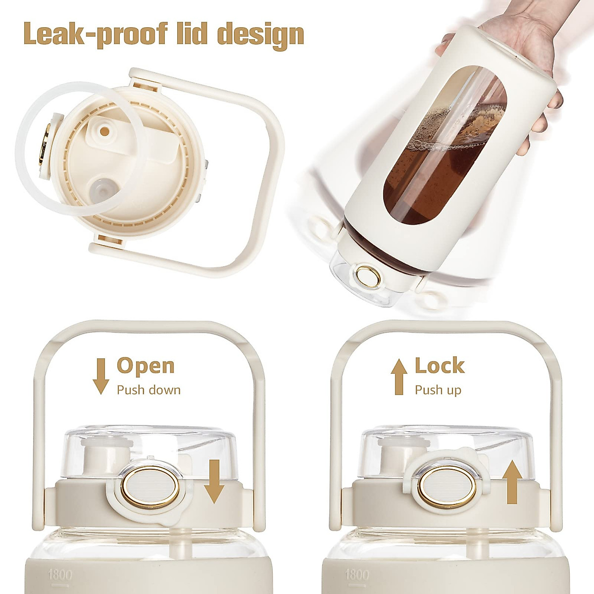 futaiphy 64oz Glass Water Bottles with Straw, Water Bottle with Silicone Sleeve & Double Drinking Lid Handle, Leakproof & BPA Free Reusable Clear Glass Water Jug with Sports Bottles, purple