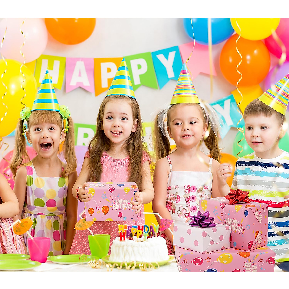 AUCLAY Reversible Birthday Wrapping Paper for Girls Kids Baby Shower - Cute Happy Birthday Lettering Balloon in Pink and Polka Dots Design - Gift Wrap Paper Roll, 17.7 Inch Wide