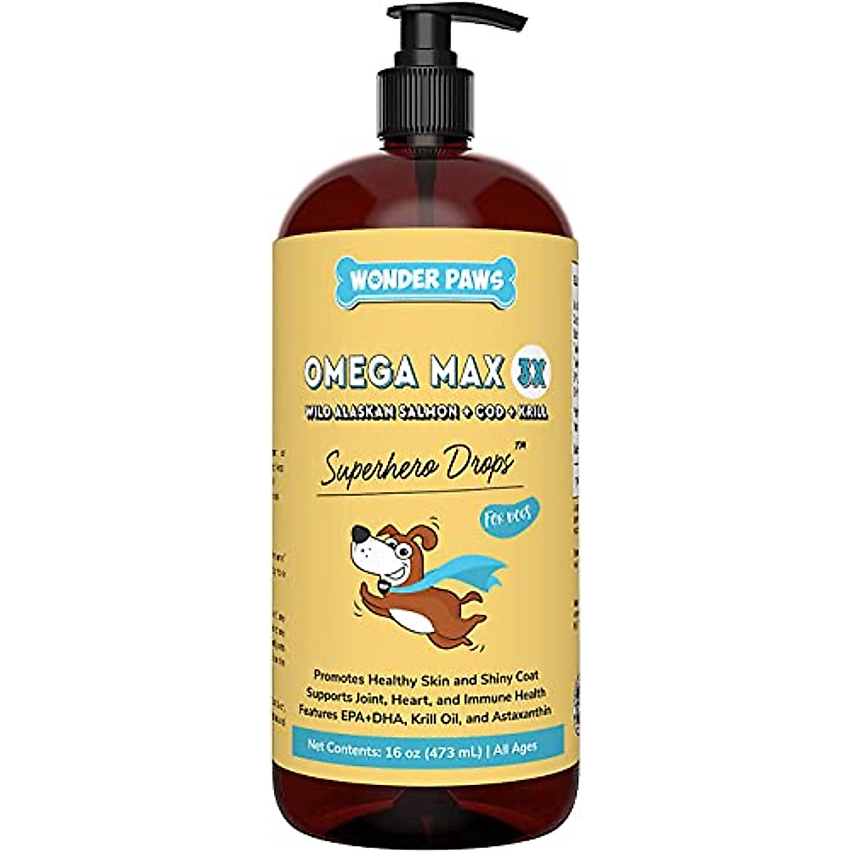 Wonder Paws Fish Oil For Dogs - Omega 3 For Dogs From Alaskan Salmon, Cod & Krill Oil - EPA DHA Fatty Acids - Less Shedding & Itching - Skin, Joint, Immune & Heart Health - 16 oz Pet Liquid Supplement