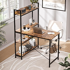 WASAGUN 40 Inch Small L Shaped Computer Desk with Storage Shelves, Home Office Corner Reversible Desk Study Writing Table with Hutch, Brown