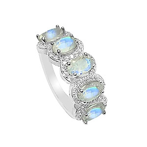 925 Sterling Silver Natural Blue Fire Rainbow Moonstone Ring Statement Ring June Birthstone Wedding Jewelry Proposal Ring Engagement Gift For Girlfriend Gift For Her (Sterling Silver, 9.25 US)