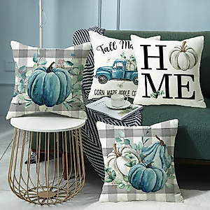 Fall Decorative Pillow Covers 18 x 18 Inch Set of 4, Pumpkins Trucks Plaid Autumn Decor Outdoor Farmhouse Thanksgiving Throw Pillow Cases for Home Couch
