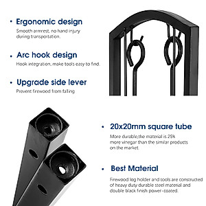 Delxo Fireplace Rack Indoor with 4 pcs Fireplace Tools Fire Pits Tools for Outdoor Log Holder Wood Stove Accessories Black Fireplace Log Rack Wrought Iron Logs Bin Holder for Fireplace Tool Set