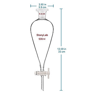stonylab Borosilicate Glass 500 ml Heavy Wall Conical Separatory Funnel with 24/29 Joints and PTFE Stopcock, 500 ml