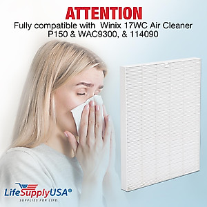 LifeSupplyUSA True HEPA Filter Replacement Compatible with Winix 17WC P150 & WAC9300, 114090 Air Purifier (5-Pack)