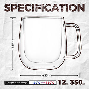 ETERMETA 2 Pack 12 oz Double Walled Glass Coffee Mugs with handle, Thermal Insulted No Condensation Coffee & Tea Cups, Clear Mugs for Americano, Latte, Espresso, Cappuccinos Beverage