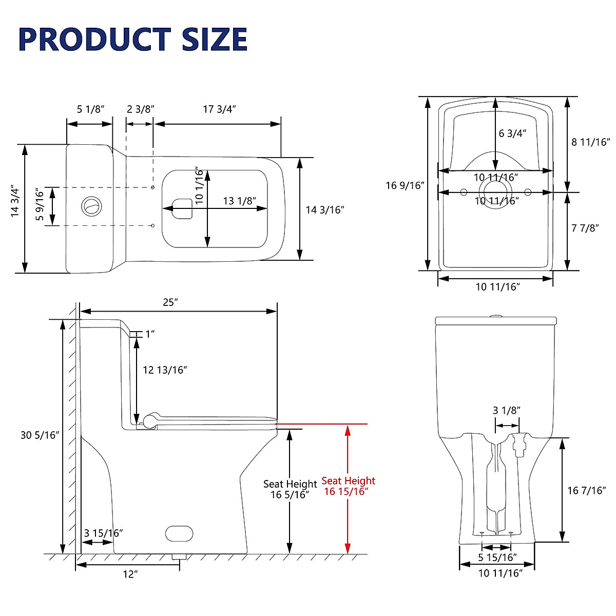 DeerValley Elongated One Piece Toilet, DV-1F0072-1 Square Compact Toilets for Bathrooms, Dual Flush 1/1.6 GPF and MaP 1000g, 12'' Rough-In Chair Height 16.93" Ceramic White Toilet With Soft Close Seat