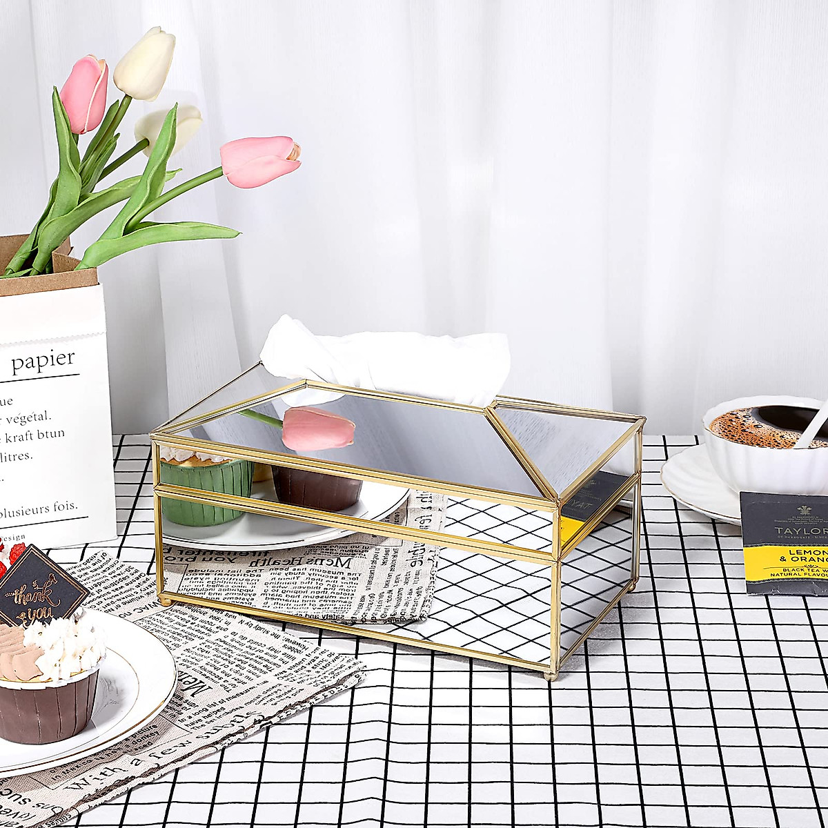 Sumnacon Tissue Box Cover Rectangle Mirrored Tissue Box,Gold Glass Tissue Box Holder, Stylish Tissue Cover for Bathroom Toilet Bedroom Living Room Table Home Office Bar Decor