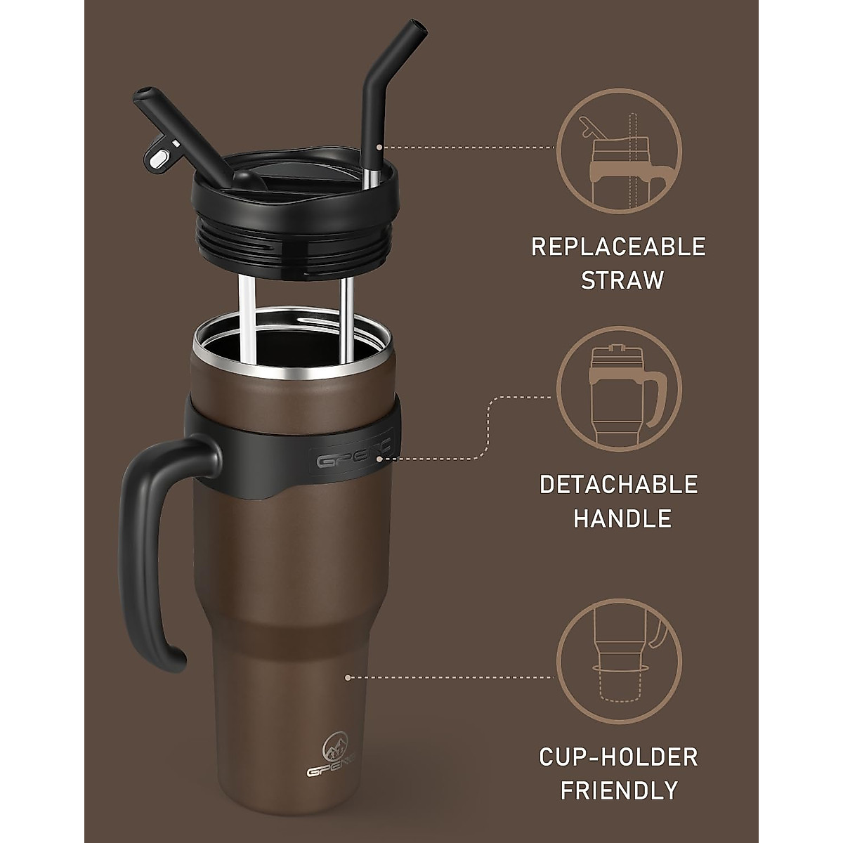 Gpeng 30 oz Stainless Steel Tumbler with Detachable Handle - Leakproof and Insulated Water Bottle, Versatile for Hot or Cold Drinks