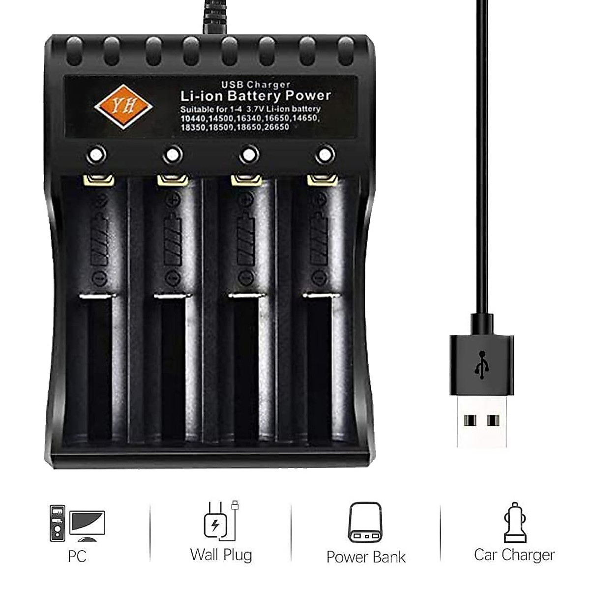 18650 Battery Charger 4 Bay Smart Universal USB Charger for 3.7V Rechargeable Lithium Li ion Batteries Compatible 18650 26650 21700 10400 14500 16340 16650 18500 Battery Charger（No Battery