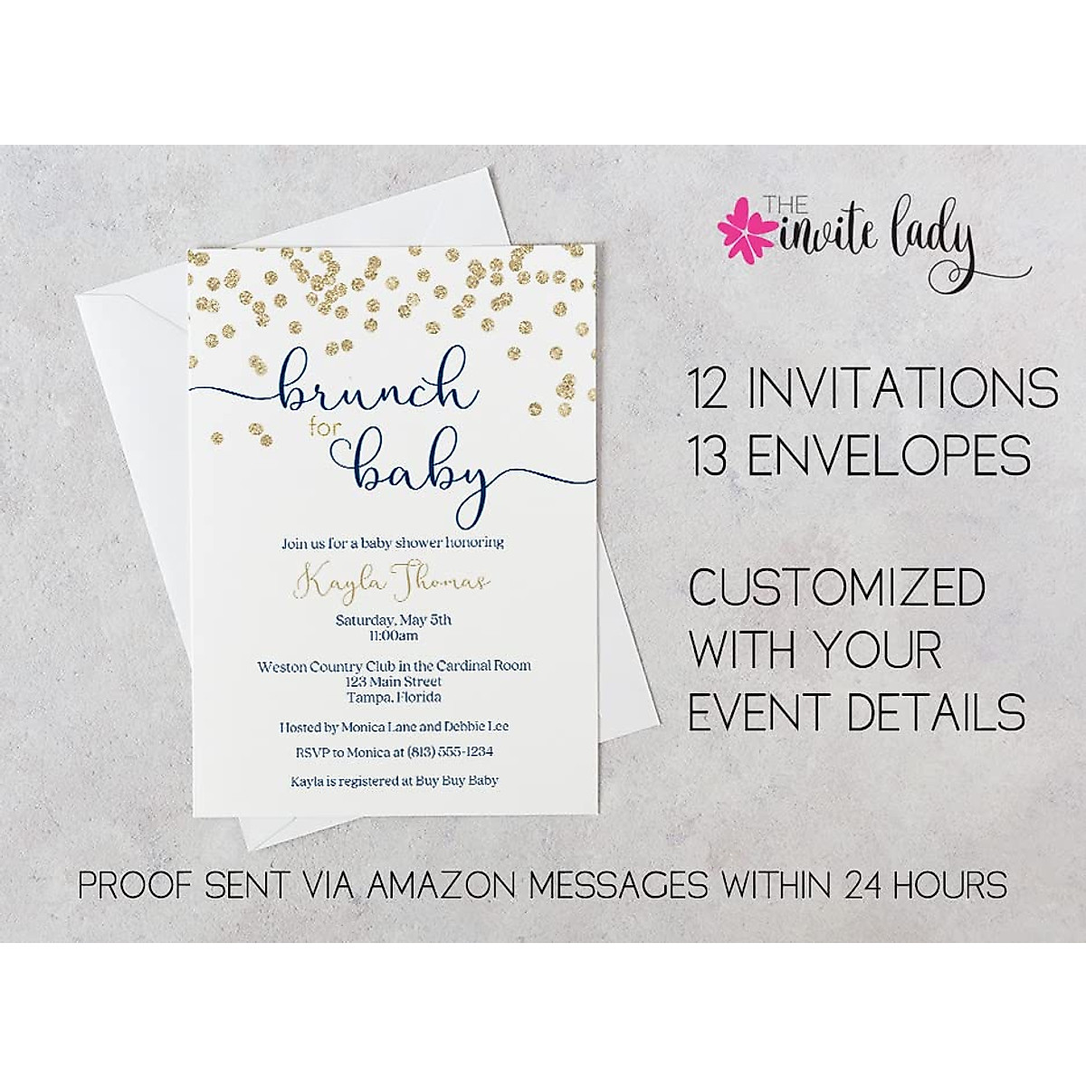 Brunch for Baby Invitations Shower Sprinkle Invites Navy Blue Gold Confetti Mimosa Champagne Glitter Sparkly Boys Printed Cards (12 count)