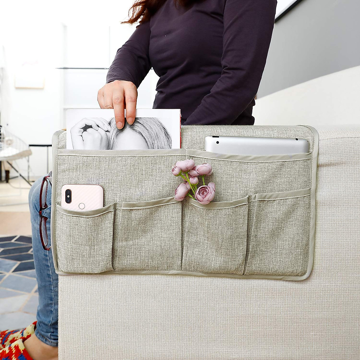 Joywell Anti-Slip Armrest Covers with 8 Pockets for Sofa Couch, Armchair Caddy & Organizer for Remote Control, Phone, iPad, Super Durable Arm Protector for Dog, Cat, Pets, 1 Pcs, Silver Grey