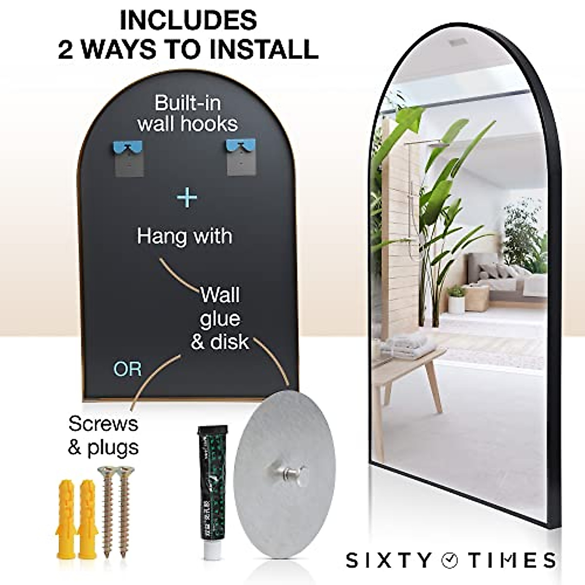 Sixty Times - Arch Mirror - 24" x 36" Inch - Black Arched Mirror, Wall Mounted, Boho or Modern Bathroom, Wall Decor for Entry, Hallway or Mantle Fireplace