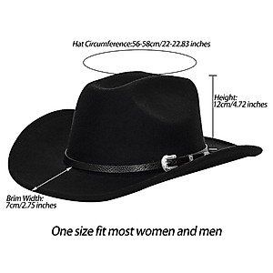 Western Cowboy Hat for Men Women - Classic Felt Wide Brim Fedora Hat with Belt Buckle Black
