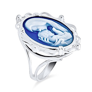 Classic Antique Vintage Style Blue White Carved Oval Framed Victorian Lady Portrait Mother and Child Cameo Statement Rings For Women Wife Mom .925 Sterling Silver