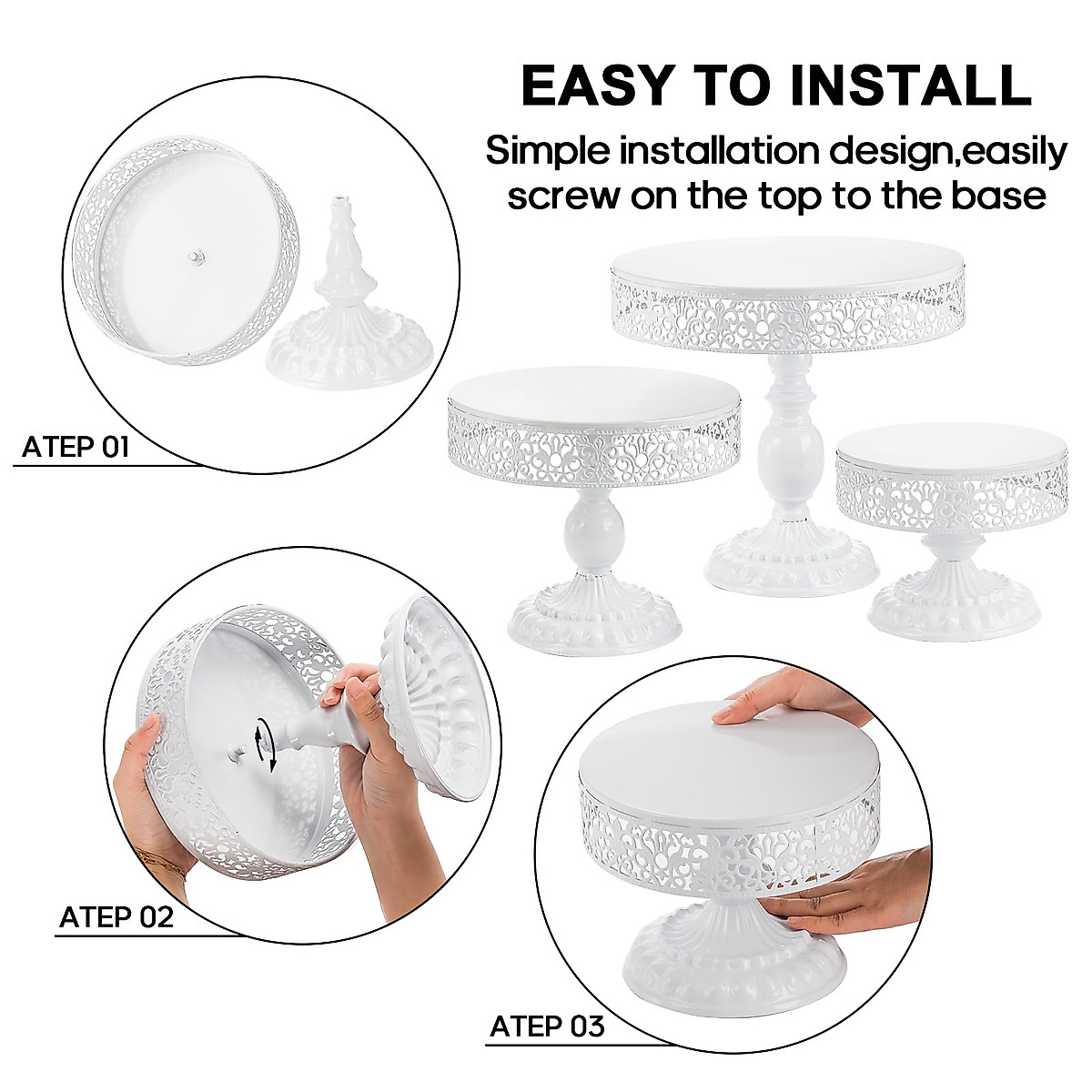 Lyellfe Set of 3 White Cake Stand, Metal Dessert Display Set, Decorative Cupcake Stand for Baby Shower, Birthday Party, Wedding, Afternoon Tea, Festival