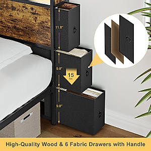 HAUSOURCE Queen Bed Frame with Bookcase Headboard and 6 Headboard Storage Drawers LED Lights Metal Platform Non-Slip Without Noise Metal Slats Support No Box Spring Needed