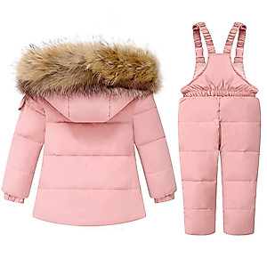 DISAUR Baby Girl Snowsuit Down Jacket Toddler Girls' Windproof Snow Wear,Kids Coat Hooded With Warm Snowbib Pants Skiing Set (Pink,3-4T)