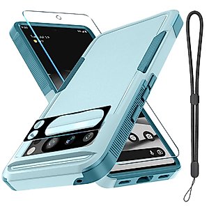 for Google Pixel 8 Pro Case, Full Body Heavy Duty Rugged Shockproof Protective Phone Cover with Wrist Lanyard Strap, Tempered Glass Screen Protector and Camera Lens Cover, Mint Green