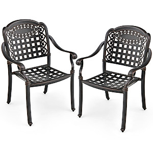 Tangkula Set of 2 Cast Aluminum Patio Dining Chairs, Stackable Outdoor Dining Chairs with Armrests, Outdoor Bistro Chairs for Balcony, Backyard, Garden