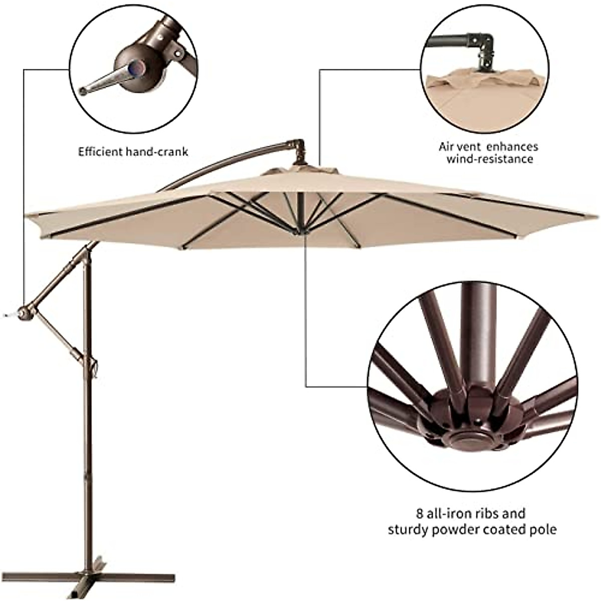 AMERICAN PHOENIX 10FT Offset Hanging Patio Umbrella Cantilever Outdoor Umbrellas with Crank & Cross Base for Garden, Backyard, Pool and Beach (Beige)
