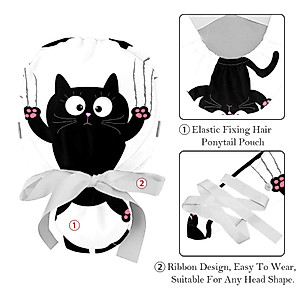 Cartoon Black Cat with Scratch Working Cap with Button & Sweatband, 2 Packs Reusable Surgical Surgery Hats Ponytail Holder, Multi Color