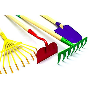 JustForKids Kids Garden Tool Set Toy, Rake, Spade, Hoe and Leaf Rake, reduced size , made of sturdy steel heads and real wood handle, 4-Piece, Multicolored, 5yr+