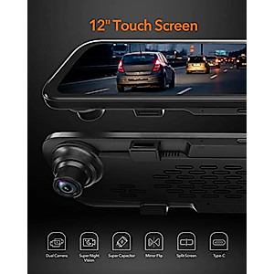 WOLFBOX G840S 12" 4K Mirror Dash Cam Backup Camera, 2160P Full HD Smart Rearview Mirror for Cars & Trucks, Front and Rear View Dual Cameras, Night Vision, Parking Assistance, Free 32GB Card & GPS
