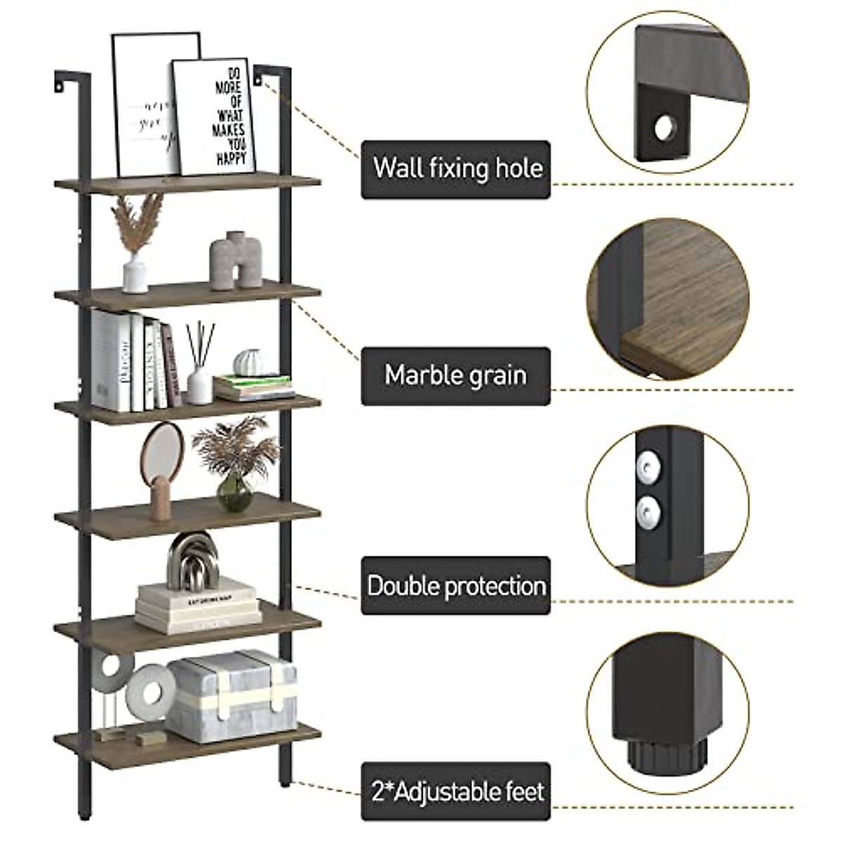 Wolawu Ladder Shelf Black 6 Tiers Modern Bookshelf Room Organizer Open Tall Wall Mount Bookcase Standing Leaning Wall Shelves Industrial Decorative Living Room Bed Room