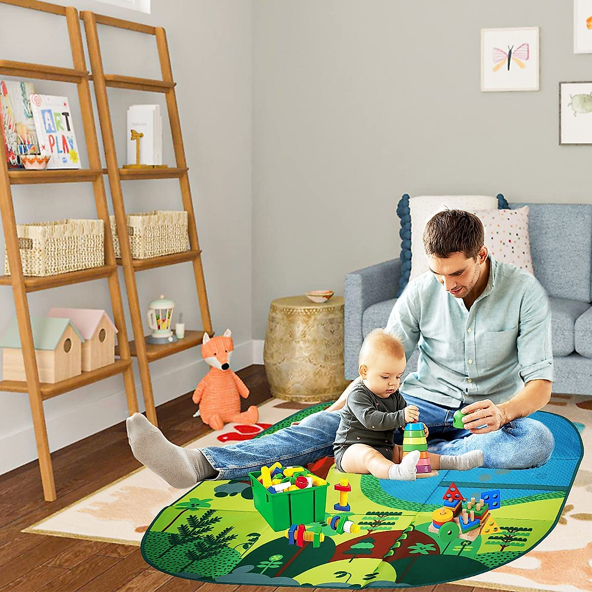 homyfort Kids Play Mat and Toy Chest Box Storage,Collapsible Storage Bin Holders with Lid for Playroom, Closet, Bedroom, Outdoor,Home Organization and Classroom12.8 12.8" 13.2"/38.4" 38.4"(Green)