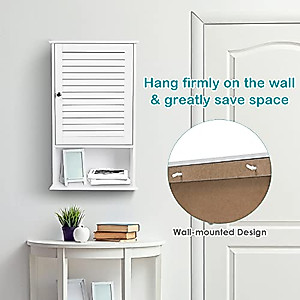 COSTWAY Bathroom Wall Cabinet, Large Capacity Storage Cupboard Cabinet w/Single Louver Door & Height Adjustable Shelf, Wood Wall Mounted Medicine Cabinet for Bathroom, Living Room, Kitchen (White)