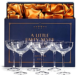 Vintage Crystal Champagne Coupe Glasses | Set of 6 | 4-5 oz Classic Cocktail Glassware - Martini, Manhattan, Cosmopolitan, Sidecar, Daiquiri | 1920s Speakeasy Retro Style Saucers | Storage Box