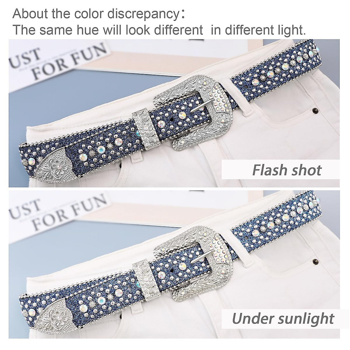 FIORETTO Men Women Rhinestone Belt Western Studded Leather Belt Shine Crystal Bling Diamond Cowgirl Cowboy Waist Belt for Jeans Pants Blue