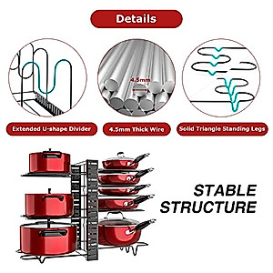 ASHARE Pot and Pan Organizer for Cabinet Adjustable 8 Tiers Pan Pot Lid Organizer Rack Holder with 3 DIY Methods Height Adjustable for Kitchen Counter and Cabinet, Black