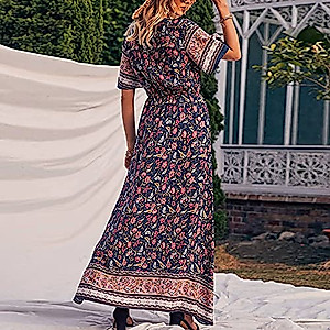 WYTong Women’s Dresses Summer Casual Dress Sexy V Neck Short Sleeves Floral Flowy Pleated Beach Maxi Dress(Navy,Small)