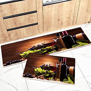 AILUER Red Kitchen Rugs and Mats Set 2 Piece Red Rose Wine Kitchen Decor for Kitchen Non-Slip Kitchen Mats Rugs for Kitchen & Laundry (Red and White Wine, 17.5"x29.5"+17.5"x47")