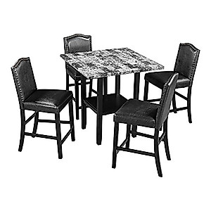 Counter Height Dining Table Set with Storage Shelf 5 Piece Bar Height Faux Marble Table and Chairs Dinning Room Breakfast Table Set Pub Table and Chairs Set of 4, Black Chair+Gray Table