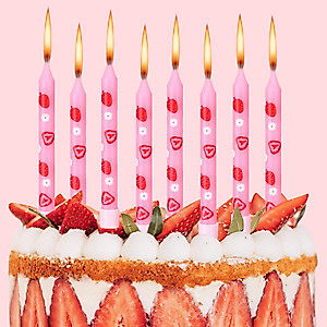 Threlaco 12 Pcs Strawberry Birthday Candle Berry Shortcake Cake Topper Pink Fruits Theme Birthday Candle Decorations for Baby Shower Birthday Gifts Celebration Reunions Anniversary Party Supplies