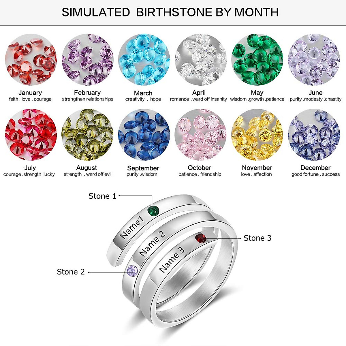 LanM Personalized Mothers Rings for 3 Birthstones BFF Wrap Name Rings for Women Promise Rings for Her Free Engraving Sisters Friends Rings for Girl Mother Day Gift