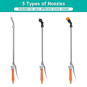 All Metal Sprayer Wand with 3 Types of Nozzles, Fan Nozzle Replacement Sprayer Wand, Stainless Steel Sprayer Wand with 1/4" & 3/8" Brass Barb and 2 Hose Clamps (3 Nozzles 29 Inches Sprayer Wand)