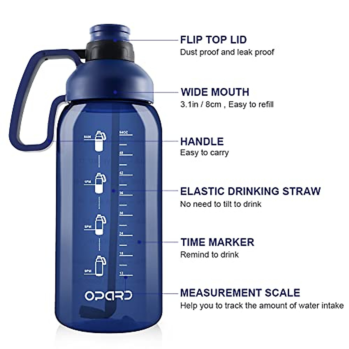 Opard Half gallon Water Bottle with Time Marker, 64oz Motivational Water Jug Large Sports Water Bottle with Straw Handle BPA Free for Gym Fitness (Blue)
