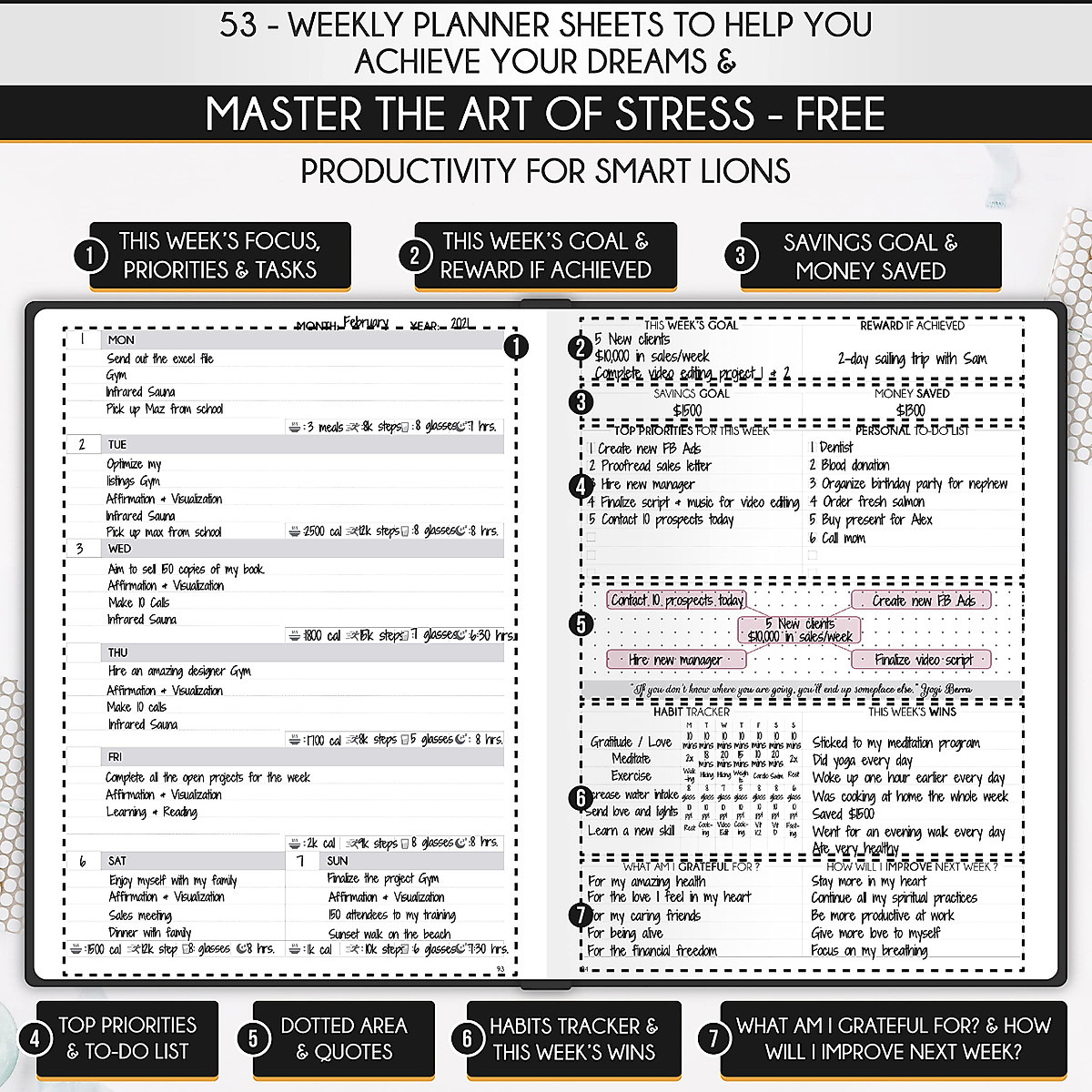 Life & Work Planner - 12 Month Goal Planner, Productivity Planner to Increase Happiness, Daily, Weekly Planner & Monthly Planner, Gratitude Journal, Undated Planner, A5 Size - Horizontal Planner
