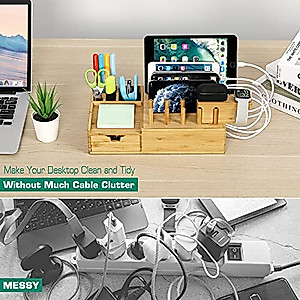 7 in 1 Bamboo Charging Station for Multiple Devices - Darfoo Wood Charging Dock Organizer with Drawer, 7 USB Charging Ports Compatible with Cell Phones, Tablet, Smart Watch & Earbud