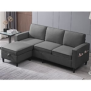 Horgaeo Convertible Sectional Sofa Couch, 3-Seat L-Shaped Couch with Storage Ottoman, Wooden Legs Modern Linen Fabric Reversible Chaise for Living Room, Bedroom, Apartment (Dark Grey) 78''