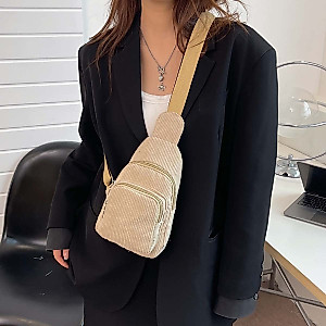 Sling Bag for Women Small Crossbody Sling Bag Corduroy Sling Backpack Fanny Belt Bag for Travel Sports Running Hiking Khaki