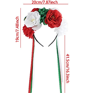 aoozleny Mexican Flower Crowns Headband, Headpiece for Halloween Festival Party (Red-White-Green)