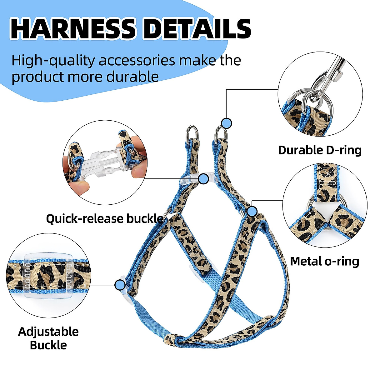 Mile High Life Leopard Dog Harness Collar Leash Set | Adjustable No Pull Dog Halter Harness for Small Breed Dogs | Easy Control for Training Walking | Blue, Medium