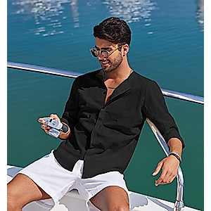 COOFANDY Men Fashion Banded Collar Linen Shirts Button-up Yoga Shirts(Black, Large)