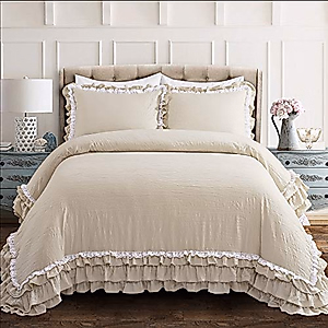 Lush Decor Ella Shabby-Chic Ruffle Lace 3-Piece King Comforter Set (Neutral)
